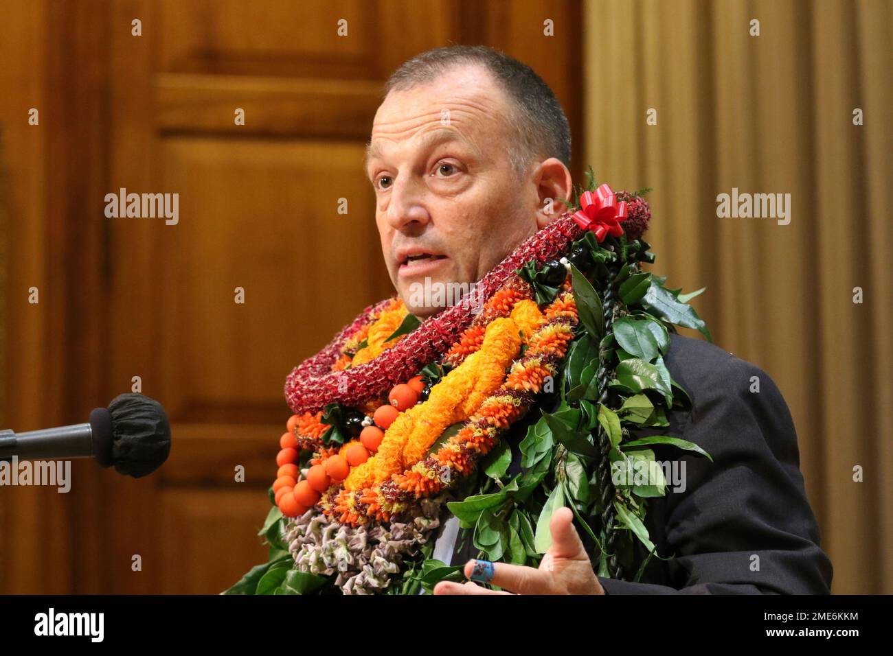 Hawaii Gov. Josh Green speaks to reporters after delivering his State ...