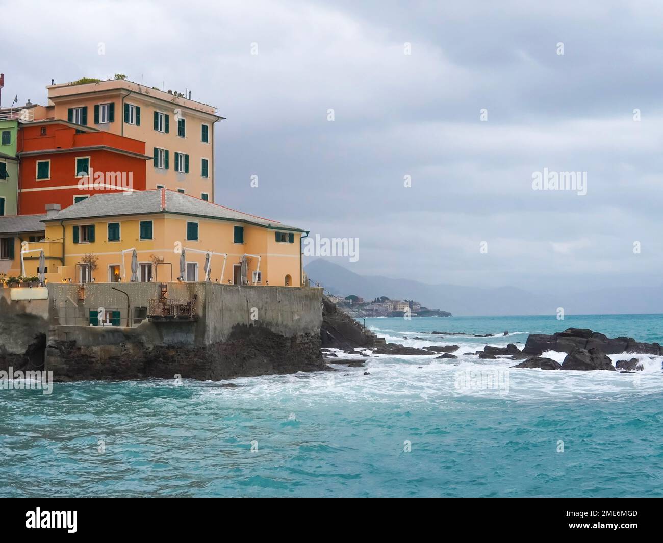colorful old houses near blue italian sea in Genova ,Italy,district ...
