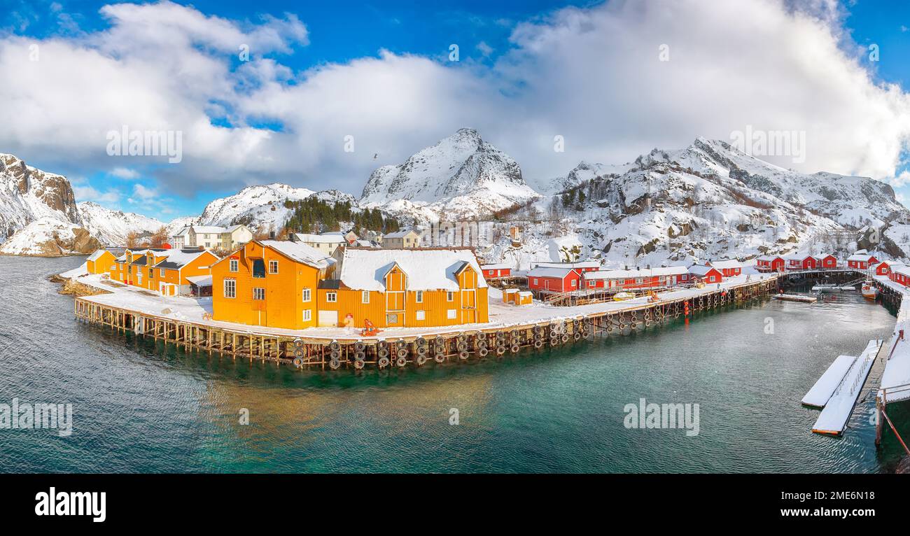 Amazing morning seascape of Norwegian sea and cityscape of Nusfjord ...