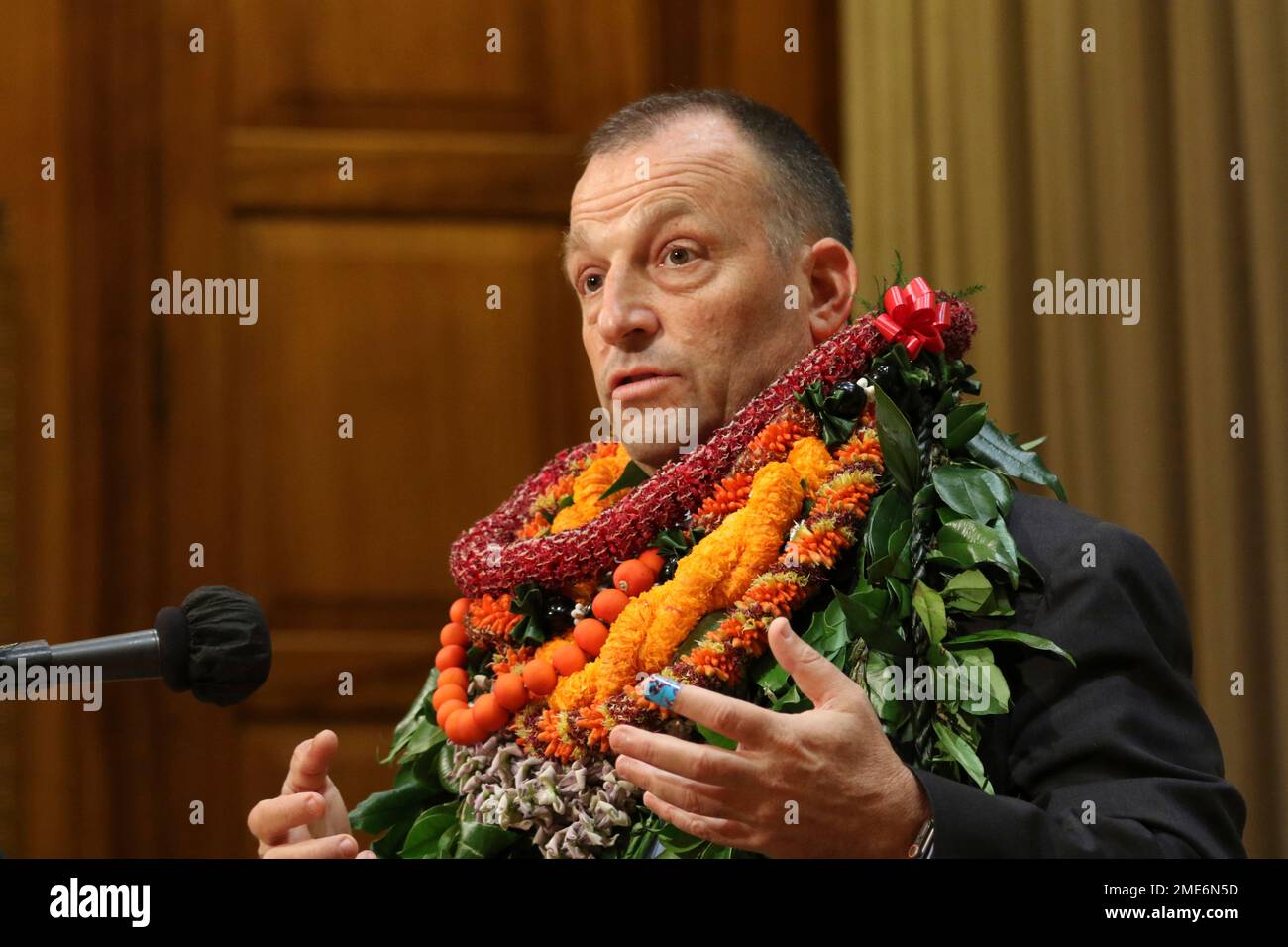 Hawaii Gov. Josh Green speaks to reporters after delivering his State ...