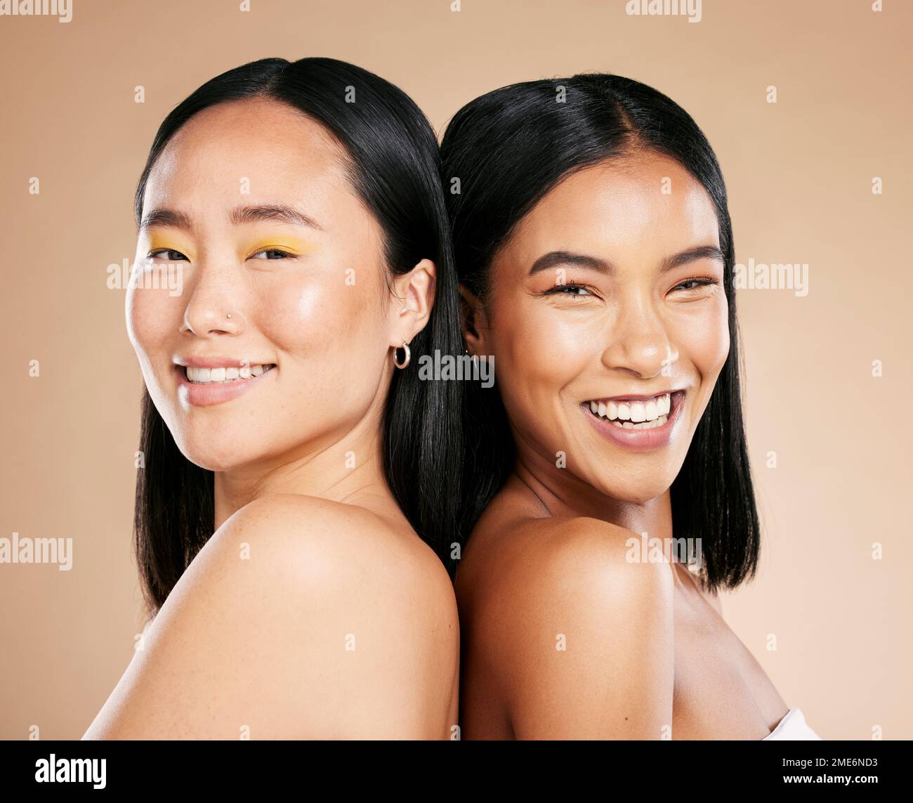 Portrait, makeup and diversity with model woman friends in studio on a ...