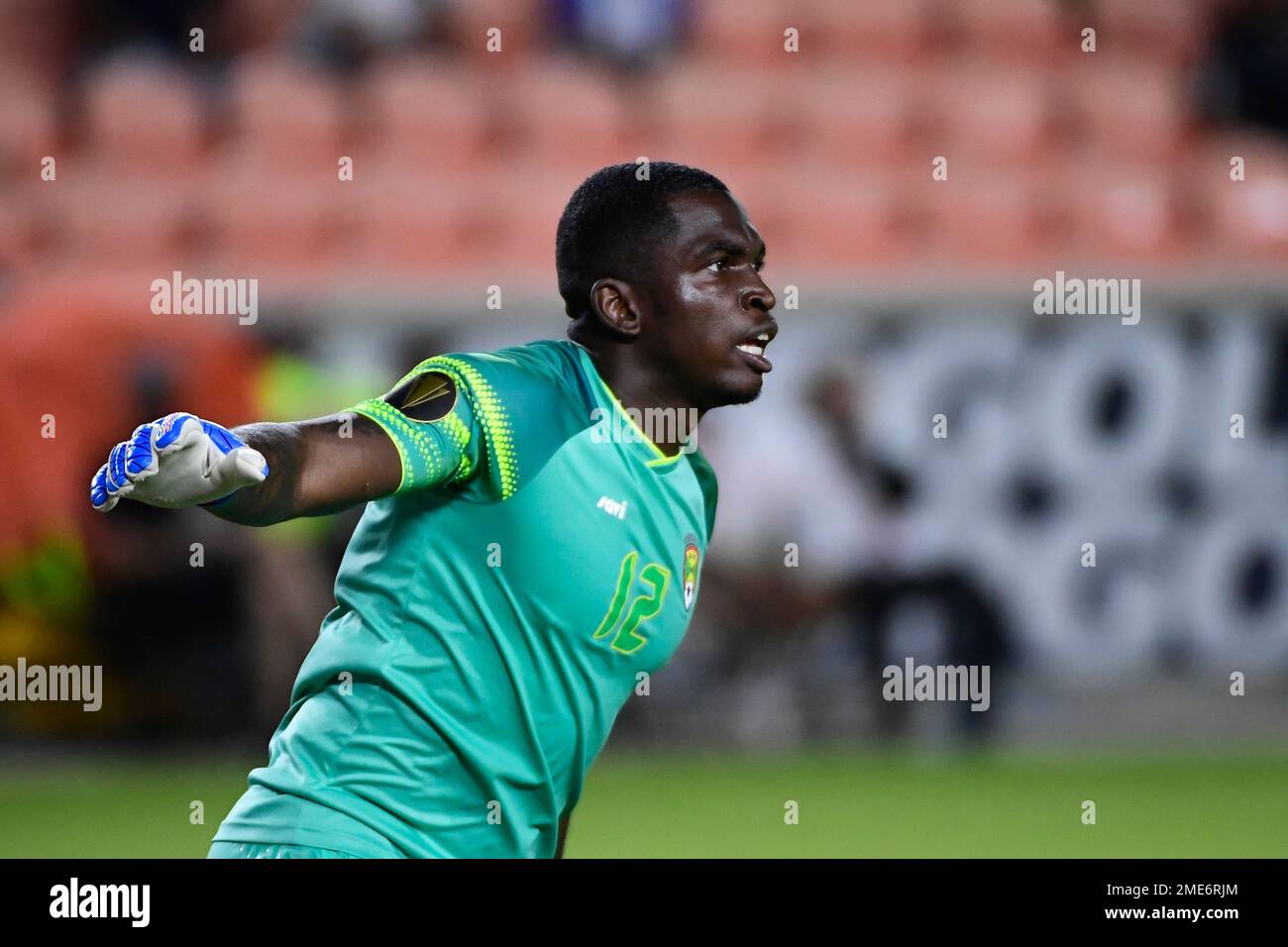 Grenada goalkeeper Reice Charles-Cook (12) moves to block a kick from ...
