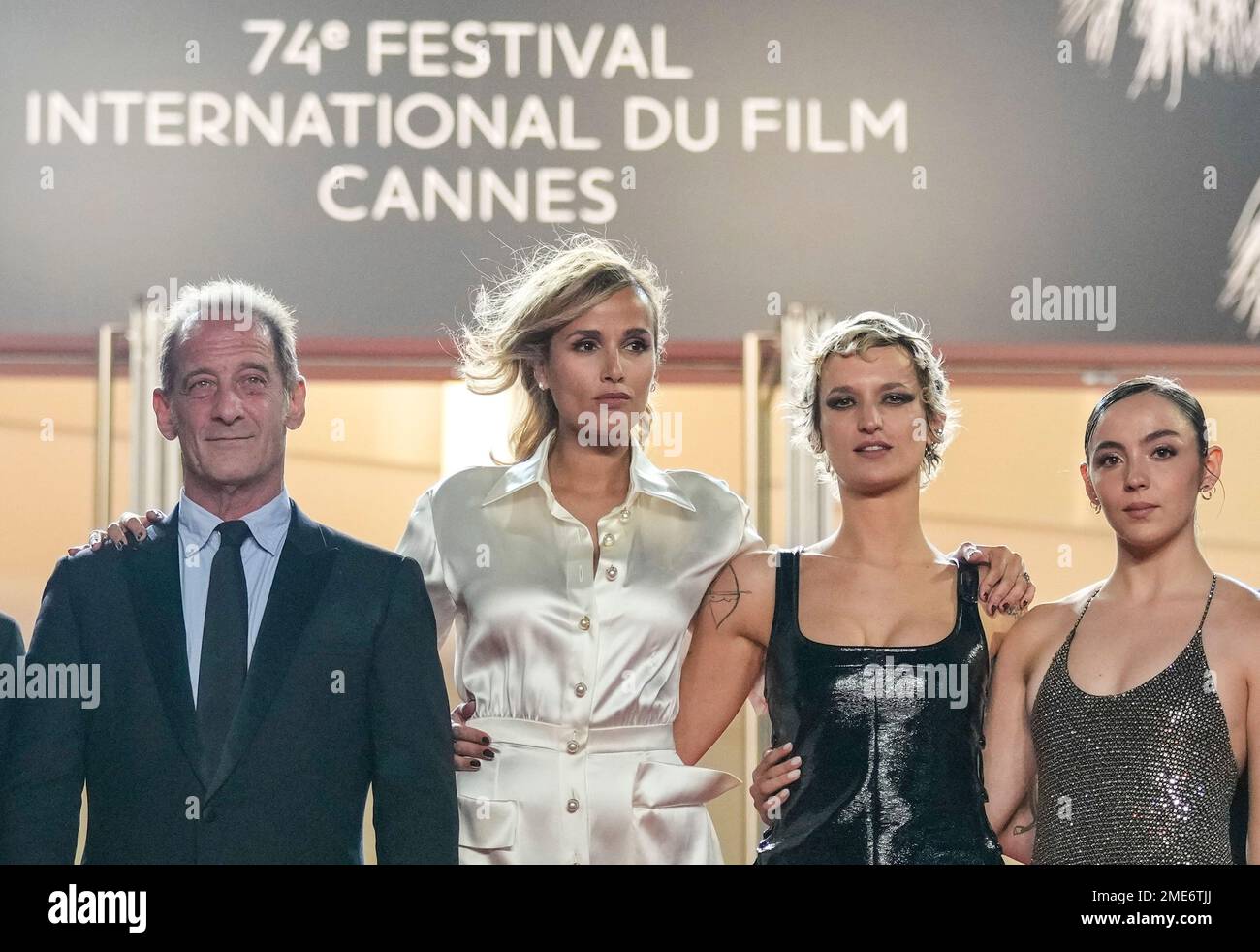 Vincent Lindon, from left, director Julia Ducournau, Agathe Rousselle ...