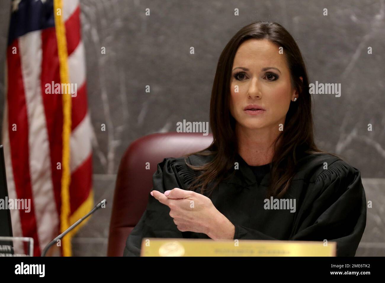 Judge Elizabeth Scherer speaks during a status hearing in the case of ...
