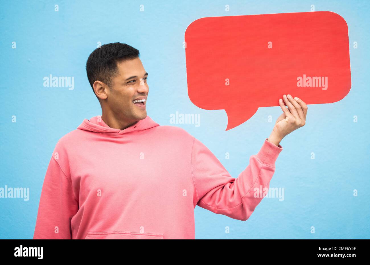 Happy man, laughing or speech bubble on isolated blue background for ...