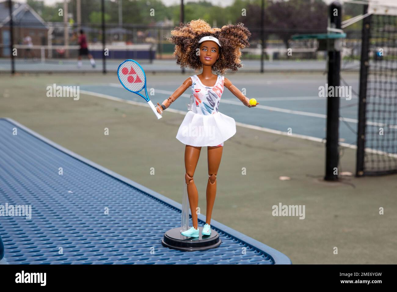 A Naomi Osaka Barbie doll is seen on a tennis court in Rutherford, New ...