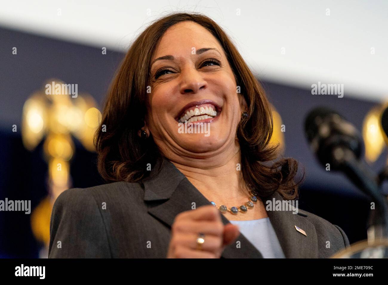 Vice President Kamala Harris smiles to a person who shouted out as she ...