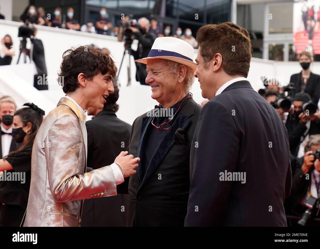 Timothee Chalamet, from left, Bill Murray, and Benicio Del Toro pose ...