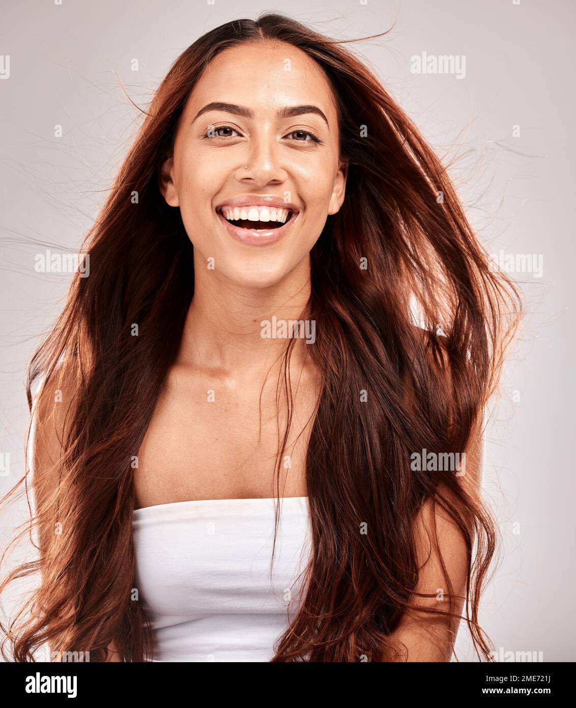 Beauty, hair and wind with portrait of woman for skincare, wellness and ...