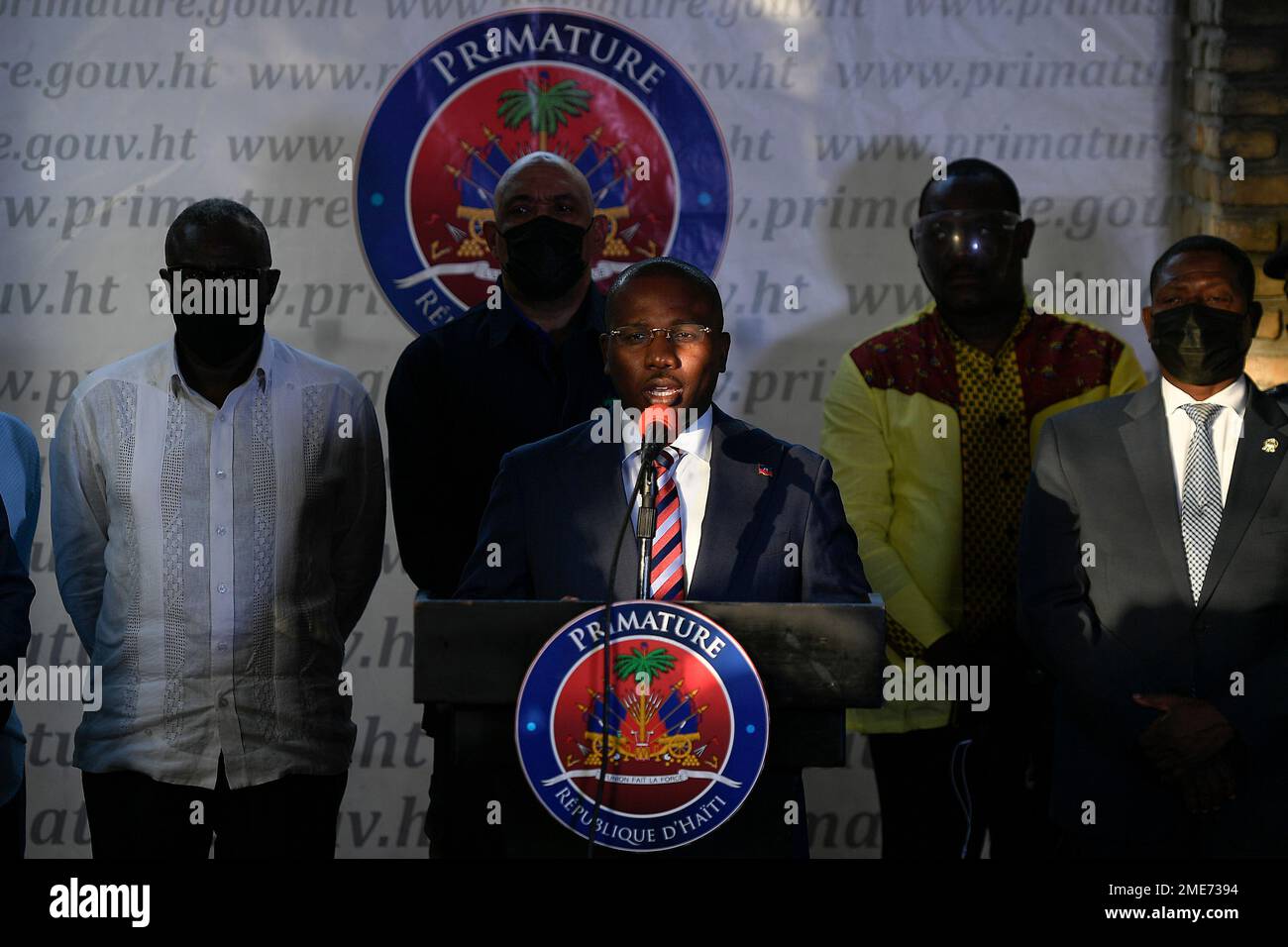 Interim President Claude Joseph speaks during a news conference at his ...