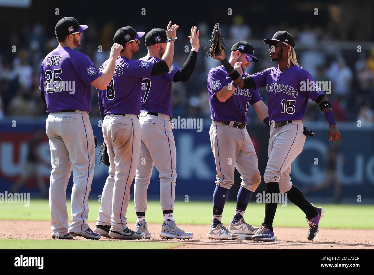 Colorado Rockies, Raimel Tapia, right, celebrates with Garrett Hampson ...