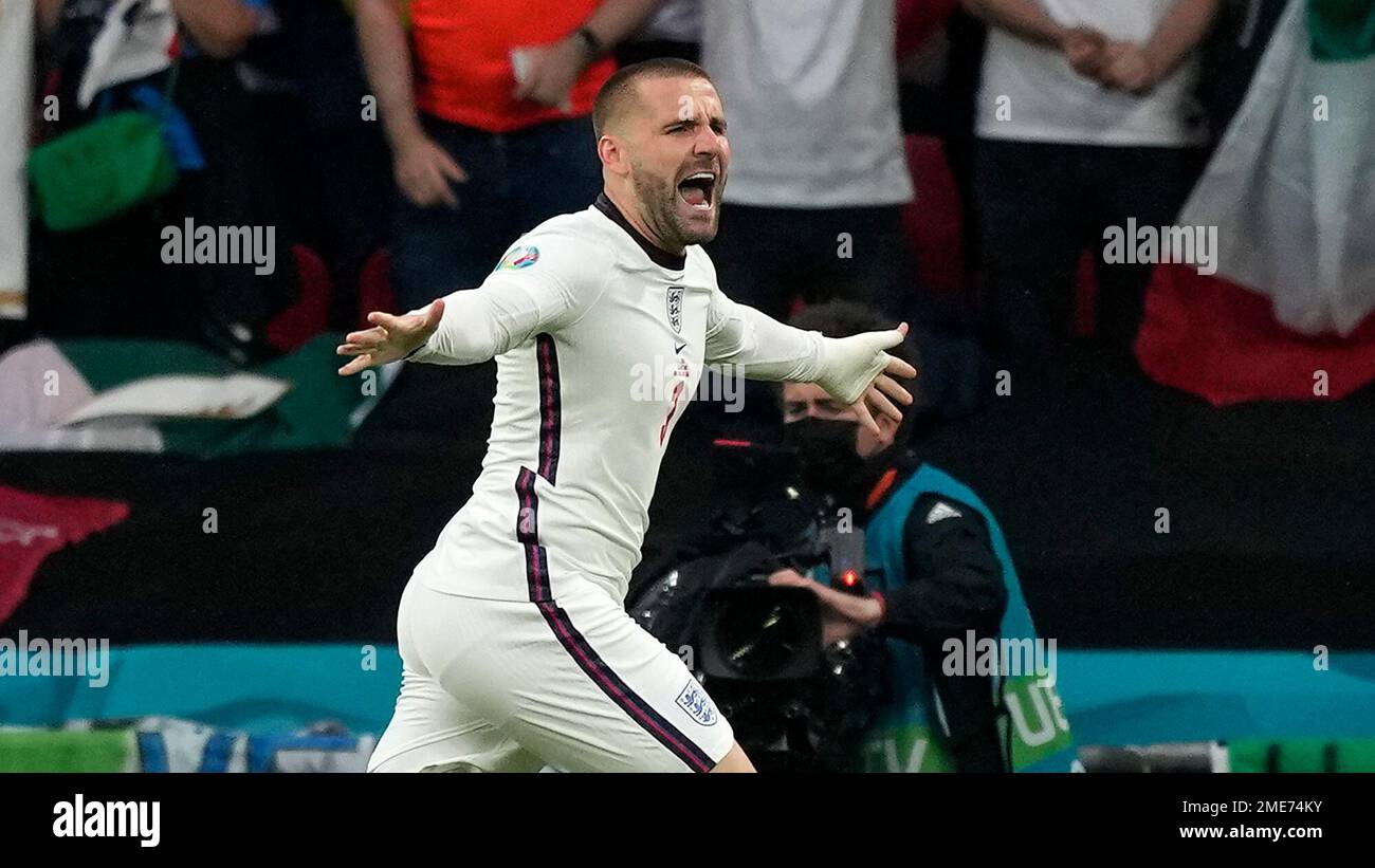 England's Luke Shaw celebrates after scoring the opening goal during ...