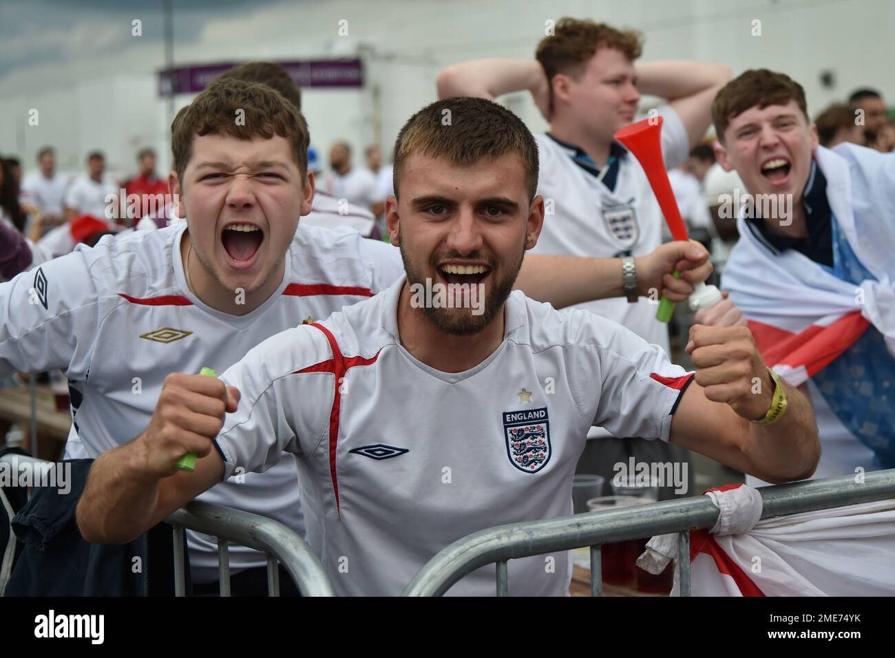 English supporters shout at a fan zone in Manchester, England, Sunday ...