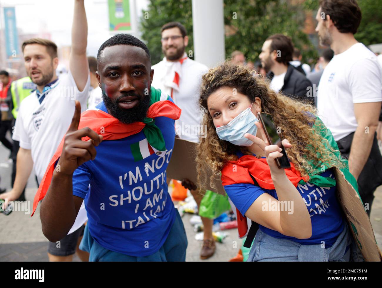 Two Italy fans pose outside Wembley Stadium in London, Sunday, July 11 ...