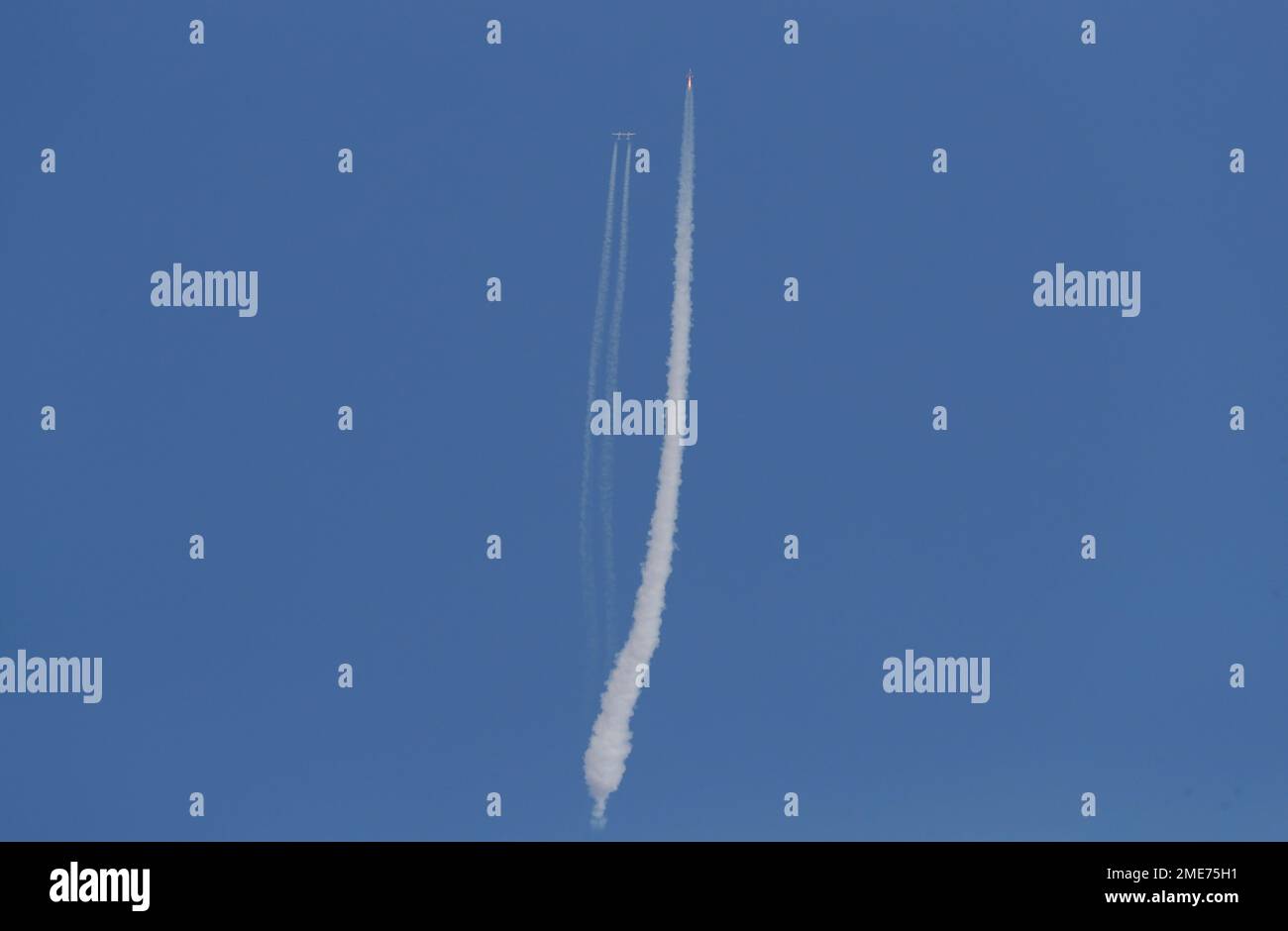 The Virgin Galactic rocket plane is released by the mothership heading ...