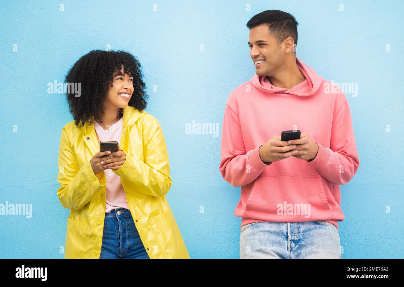 Friends, phone and smile for social media, conversation or ...