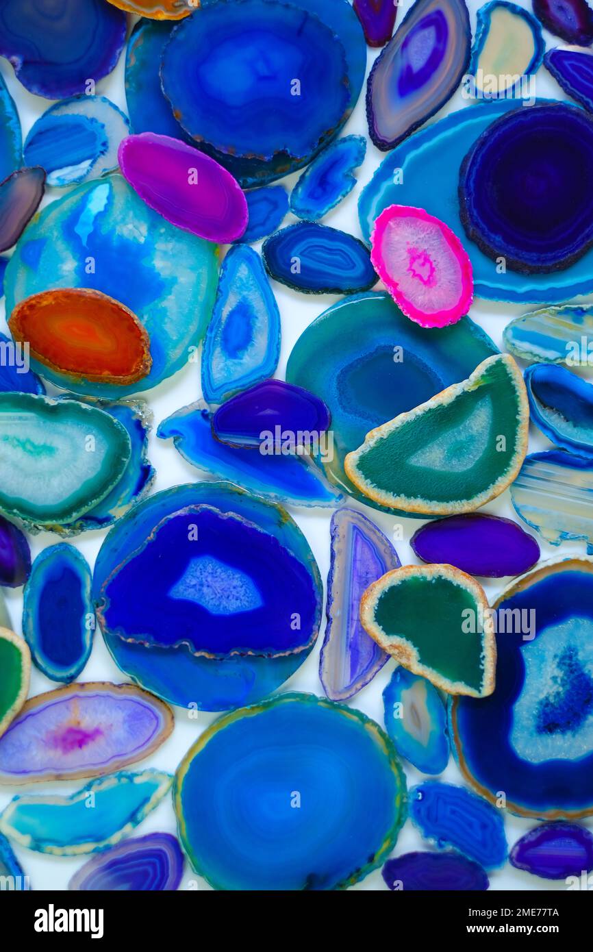 Agates set in blue and green colors.slices of natural stone .Texture of ...