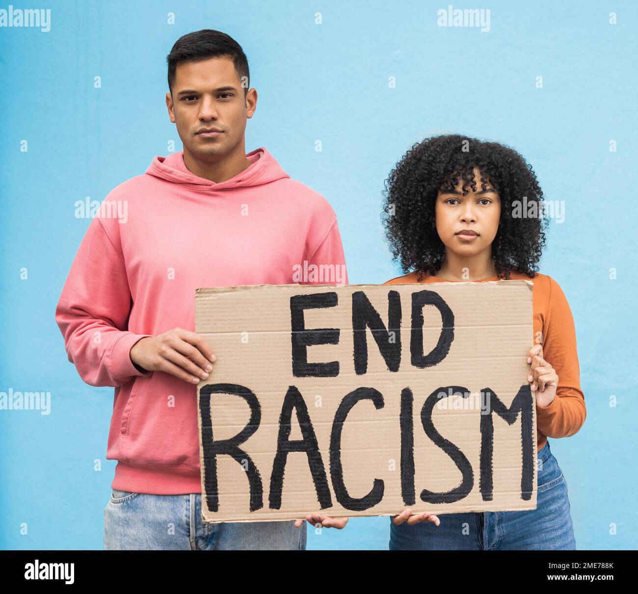 People portrait, cardboard or poster in racism protest, human rights ...