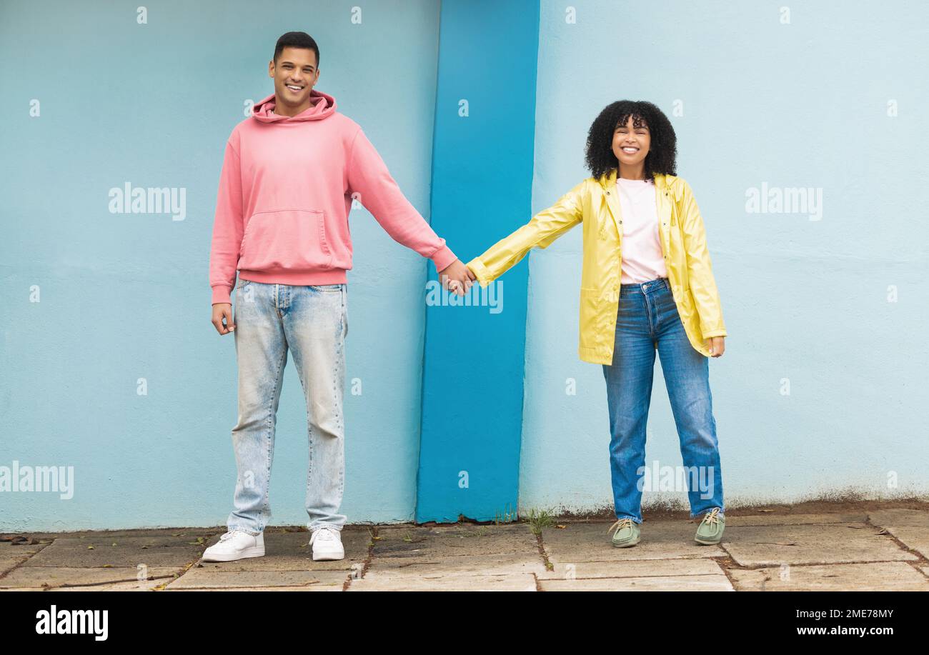 Happy couple, love portrait and holding hands together for support care ...