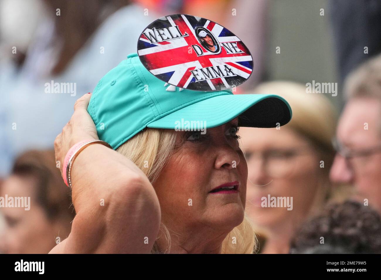 A spectator wears a hat with a message of support for British tennis ...