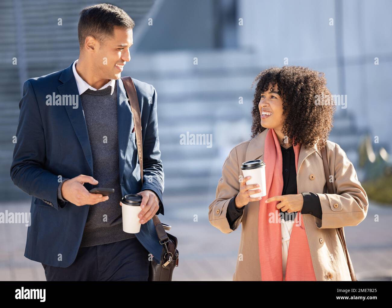 Talking, coffee break and happy business people walking, smile or on ...