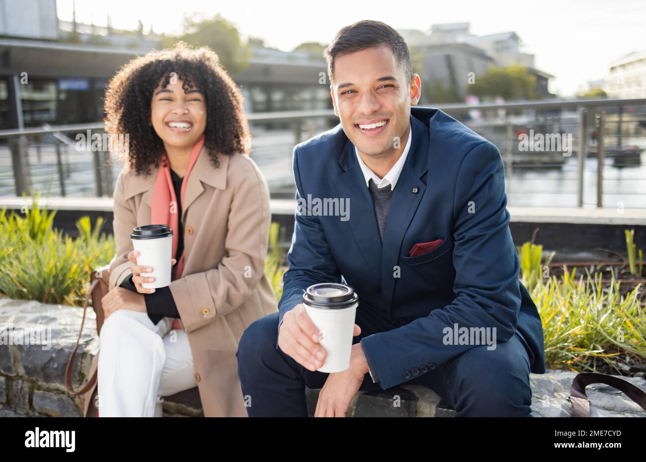 Businessman, black woman and portrait with coffee in city for break ...