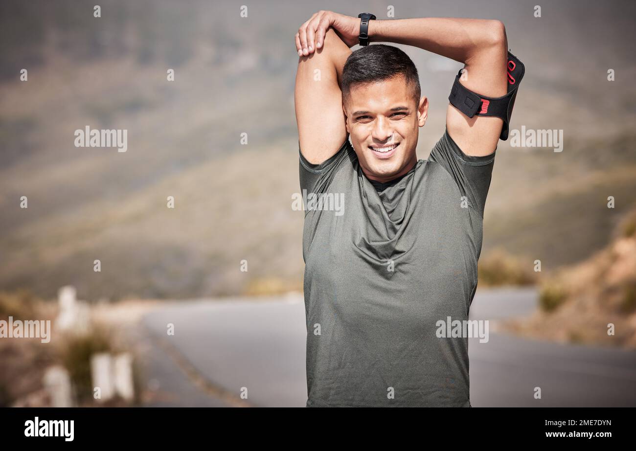 Exercise, portrait and man stretching outdoor for fitness, workout and ...