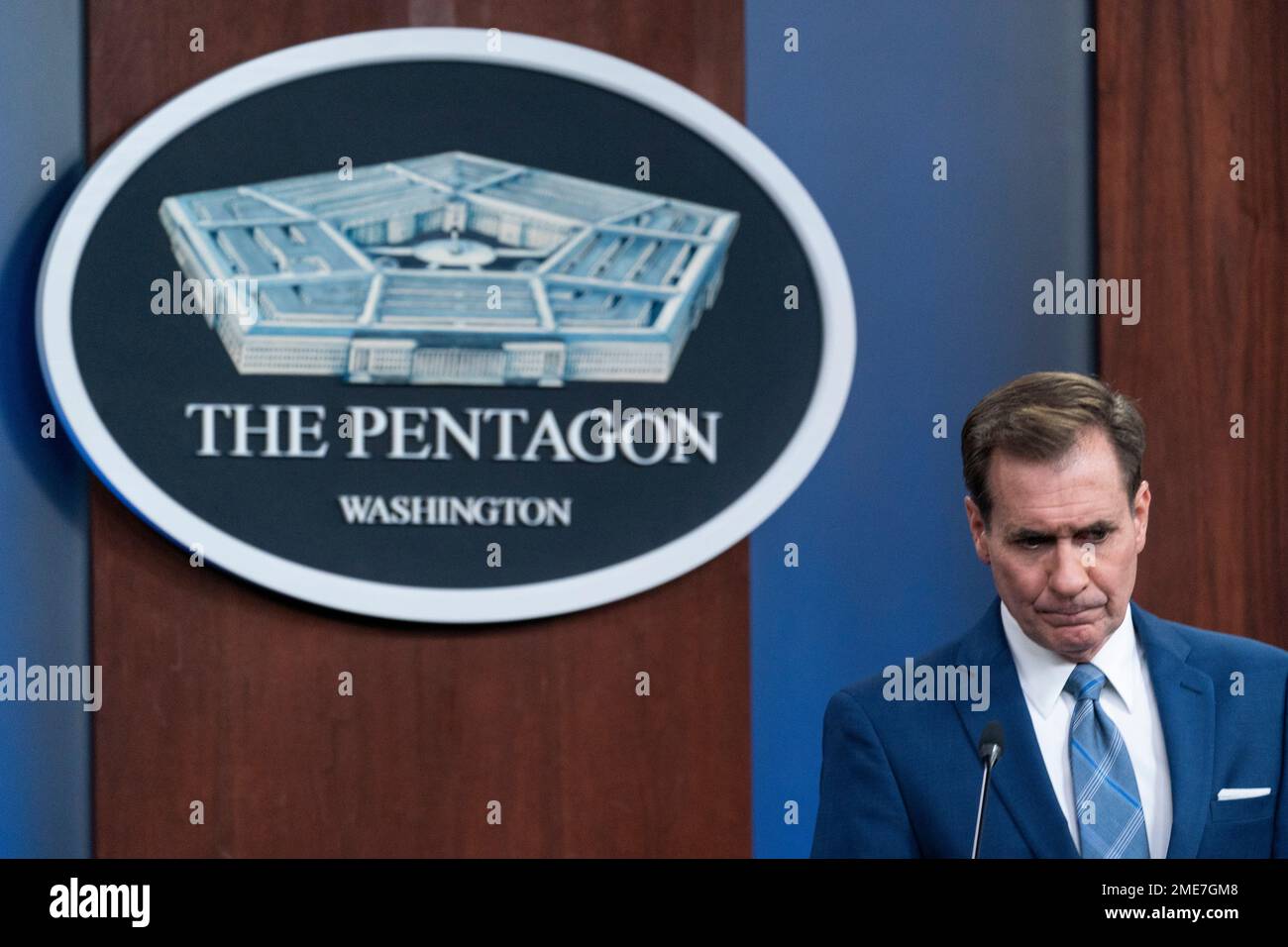 Pentagon spokesman John Kirby listens to a question during a media ...
