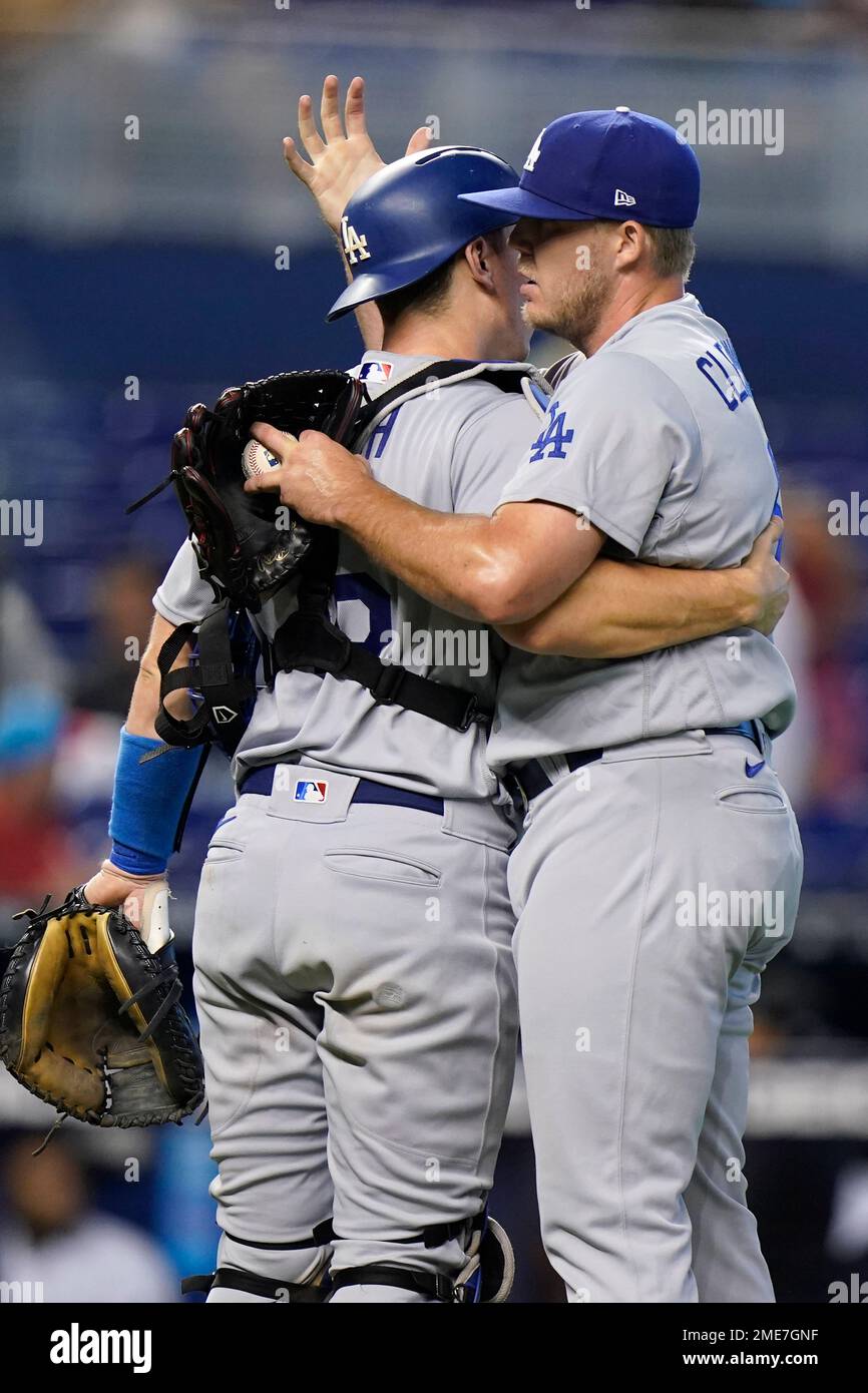 Los Angeles Dodgers relief pitcher Garrett Cleavinger, right, and ...