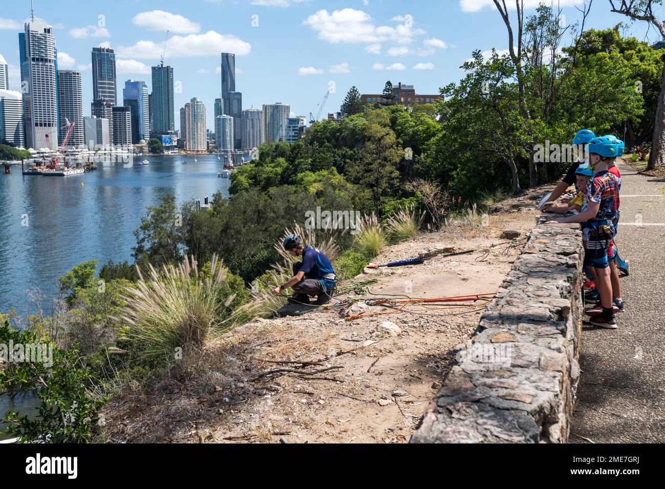 Brisbane, Australia – January 19 2023: Group of children with climbing ...