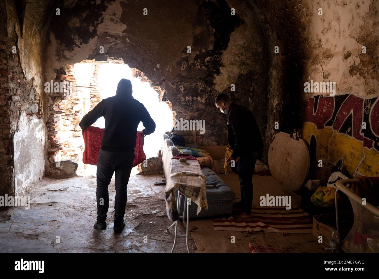 Migrants of Morocco origin who crossed into Spain last May take shelter ...