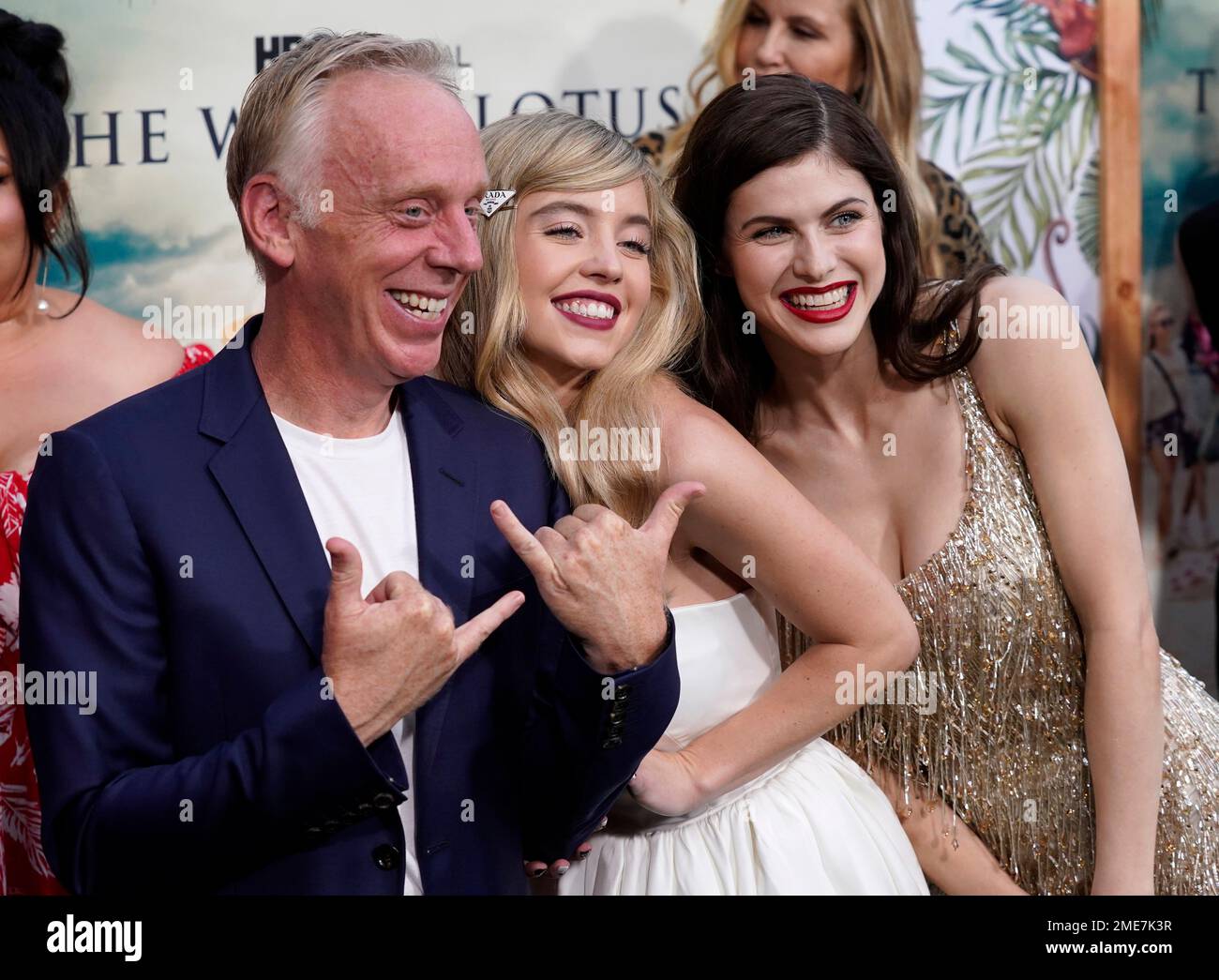 Mike White, left, writer/director of "The White Lotus," poses with cast ...