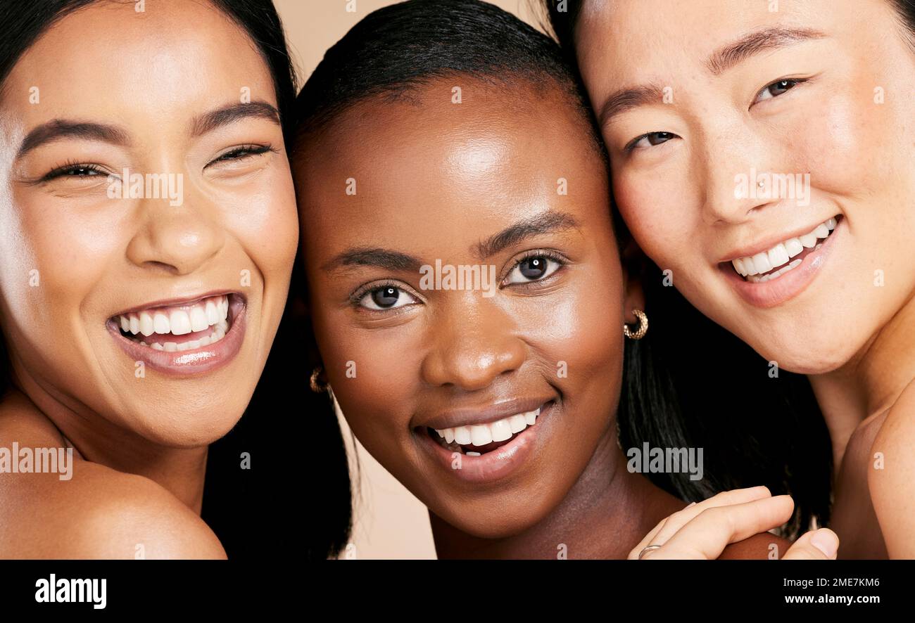 Portrait of happy women with beauty, diversity and smile for skincare ...