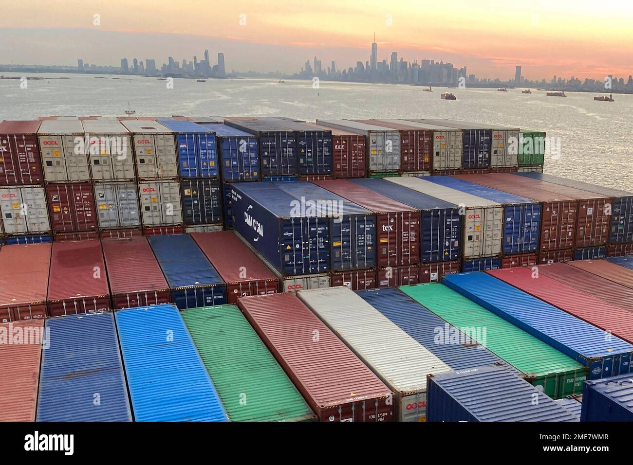 A container vessel travels to The Port of NY & NJ as One World Trade ...