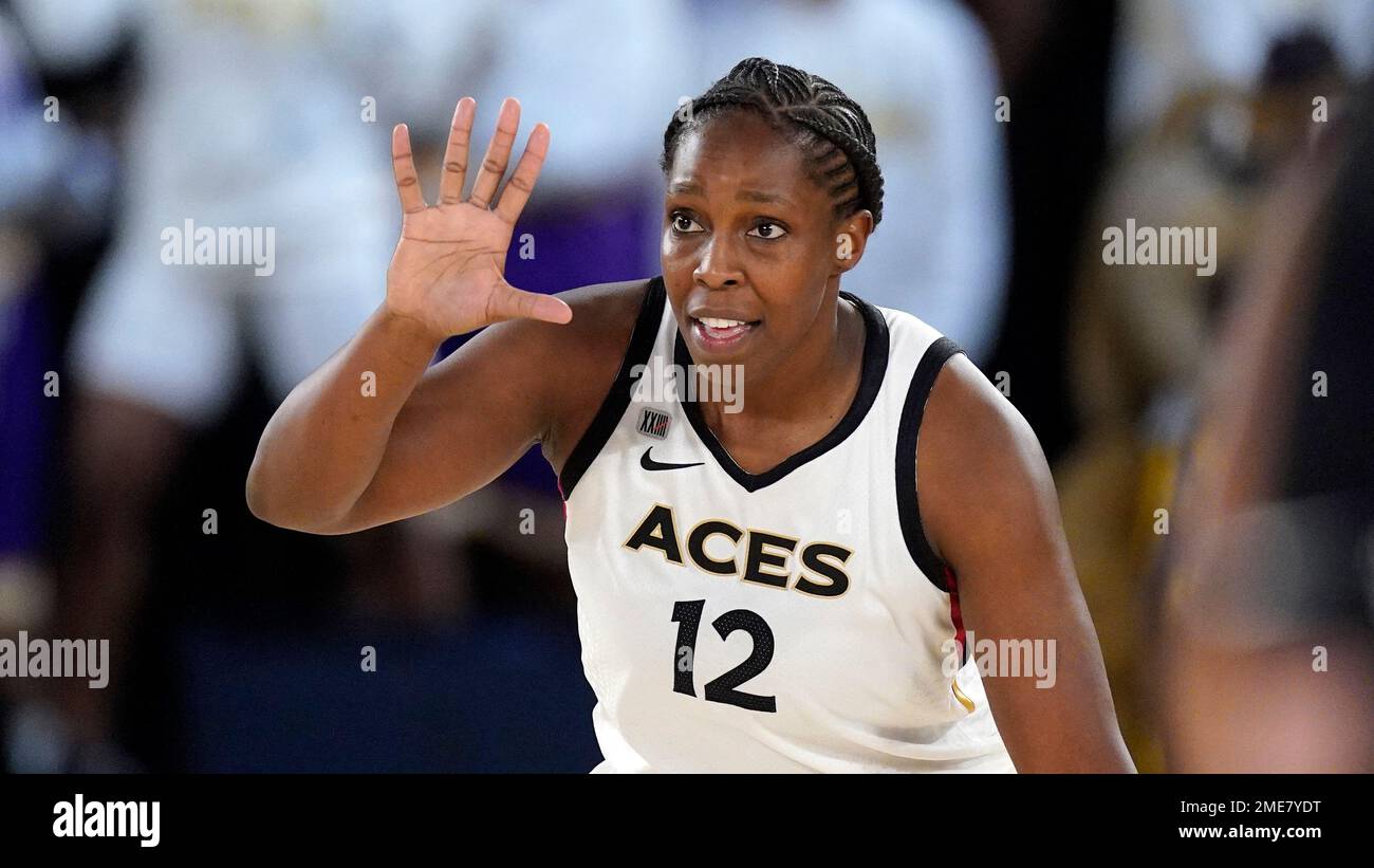 Las Vegas Aces guard Chelsea Gray gestures during the second half of a ...