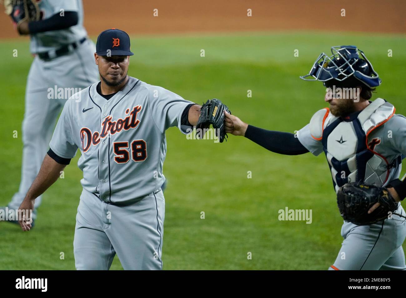 Detroit Tigers' Wily Peralta (58) and catcher Eric Haase greet each ...