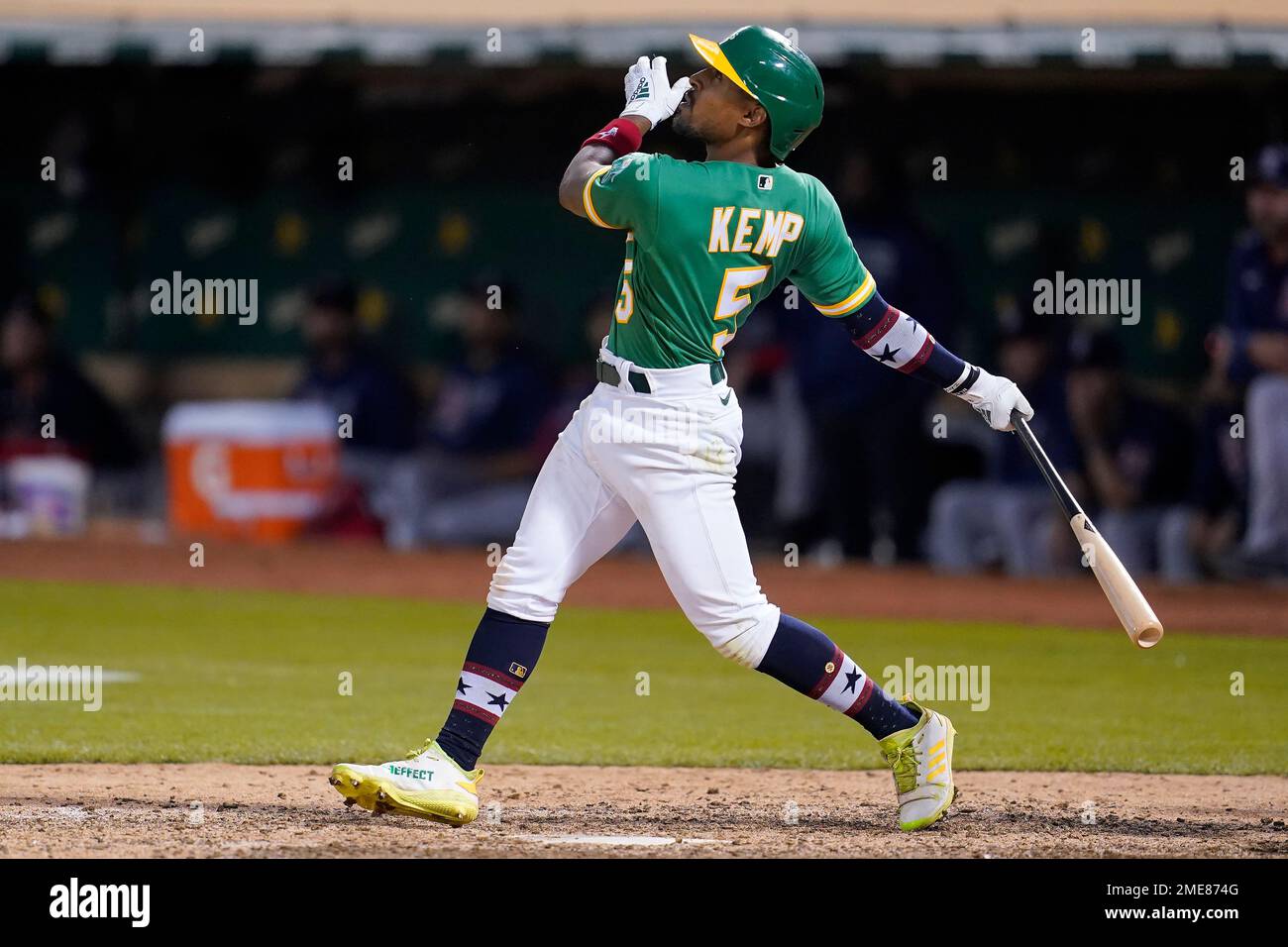Oakland Athletics' Tony Kemp watches a sacrifice fly that scored Seth ...