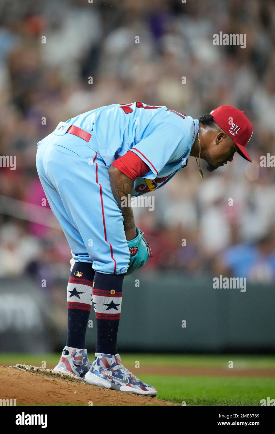 St. Louis Cardinals relief pitcher Genesis Cabrera reacts after giving ...
