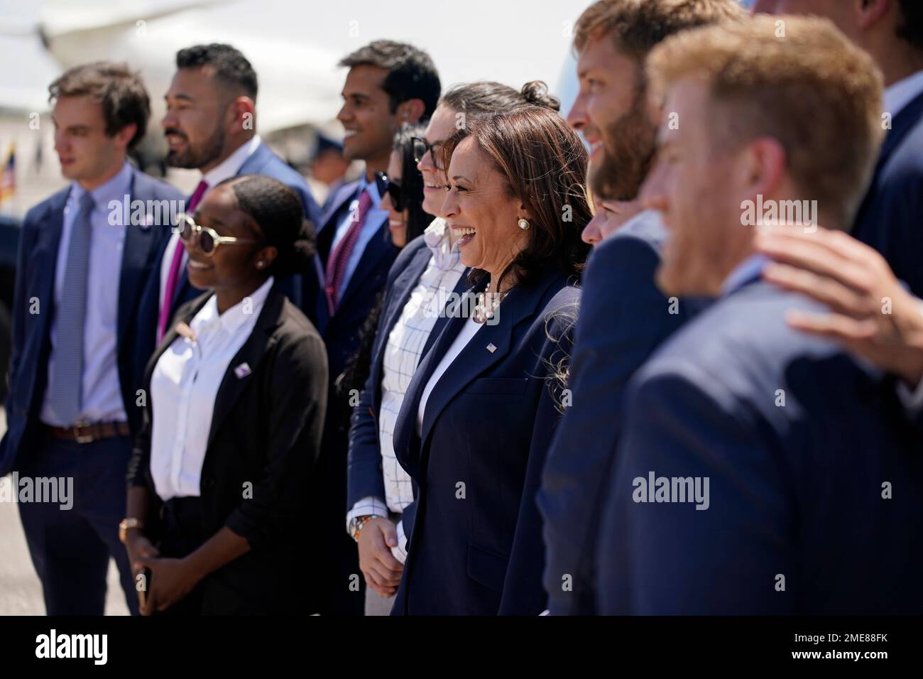 Vice President Kamala Harris poses for a photo with staff before ...