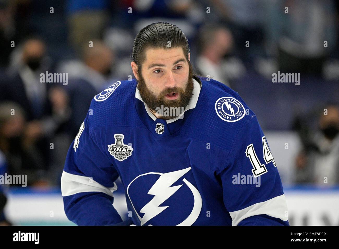 Tampa Bay Lightning left wing Pat Maroon (14) warms up before Game 2 of ...