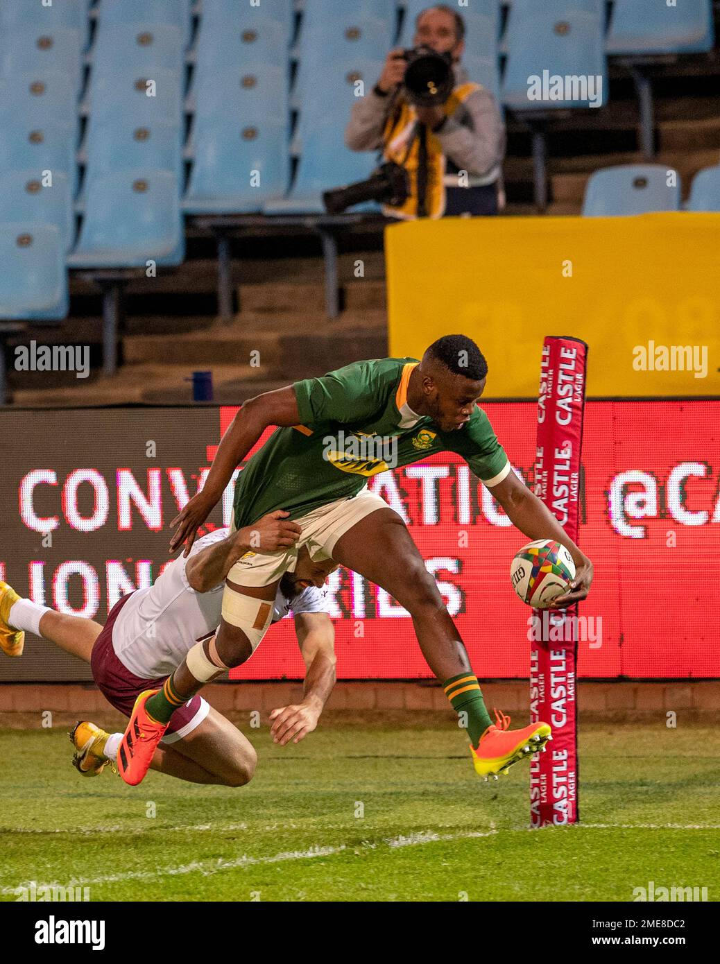 South Africa's Aphelele Fassi, right, scores a try as Georgia's Demur ...