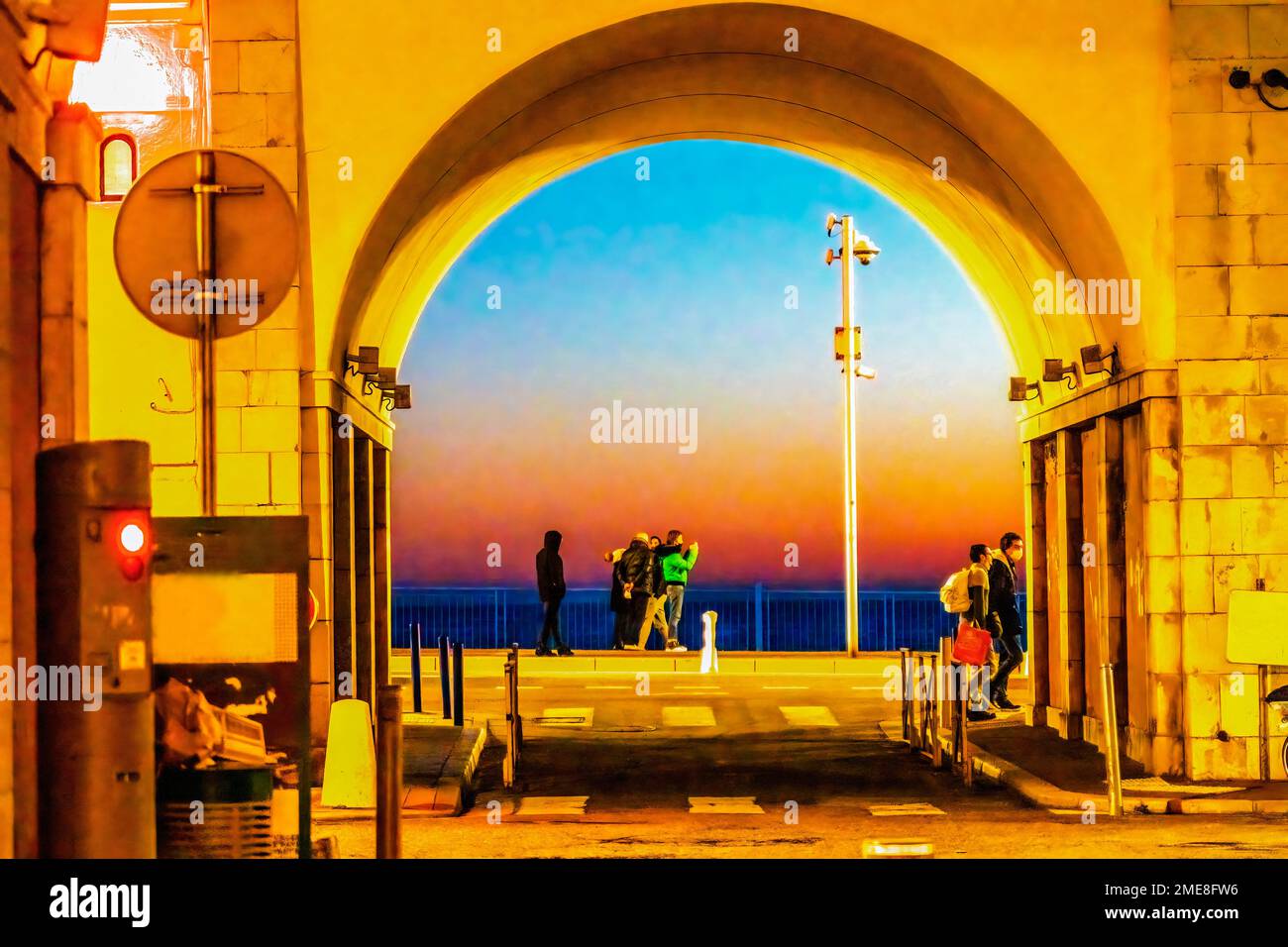 Stone Arches Tourists Ocean Sunset Cityscape Nice Cote d'Azur France ...