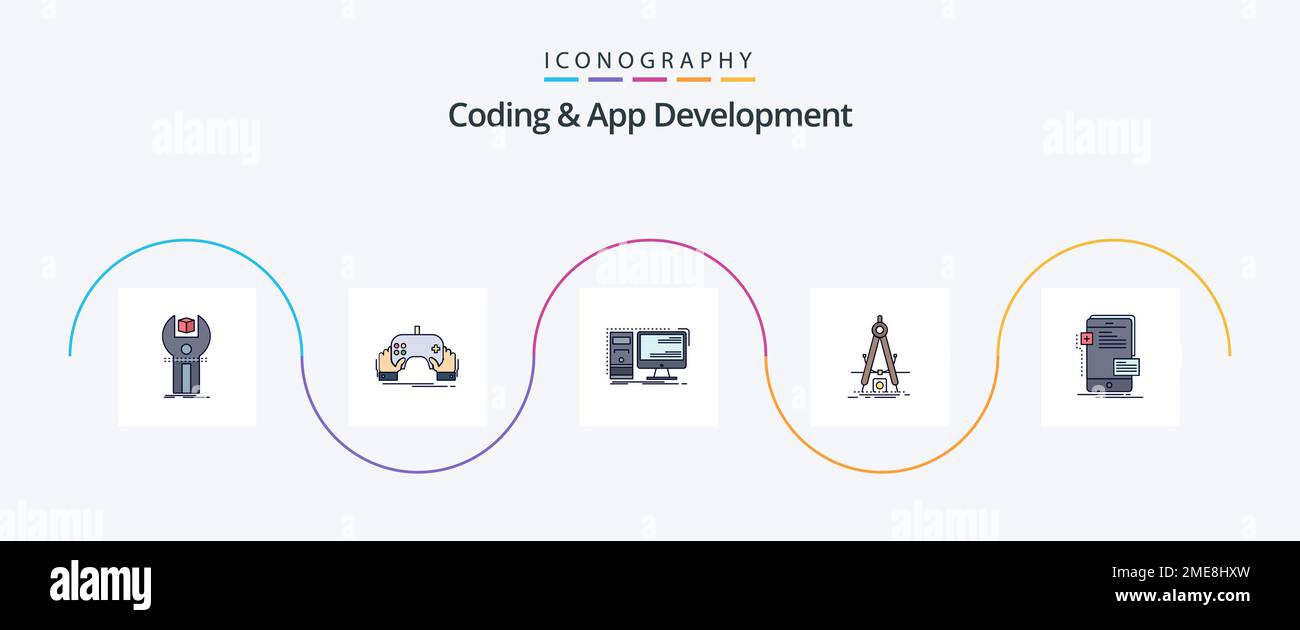 Coding And App Development Line Filled Flat 5 Icon Pack Including