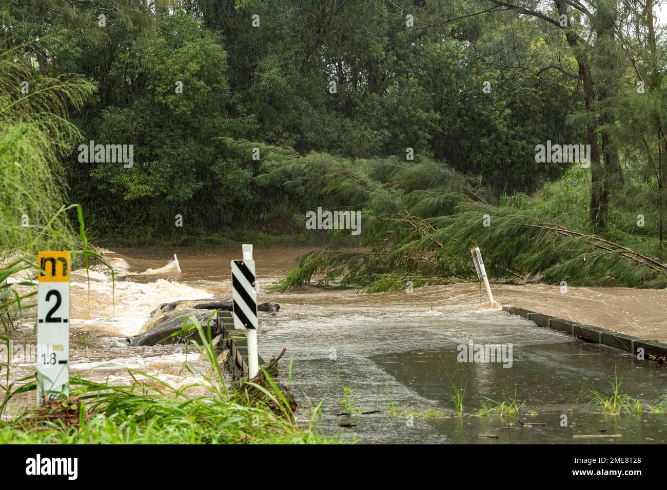 South Pine River flooding at Bunya Road in March 2021 on the outskirts ...