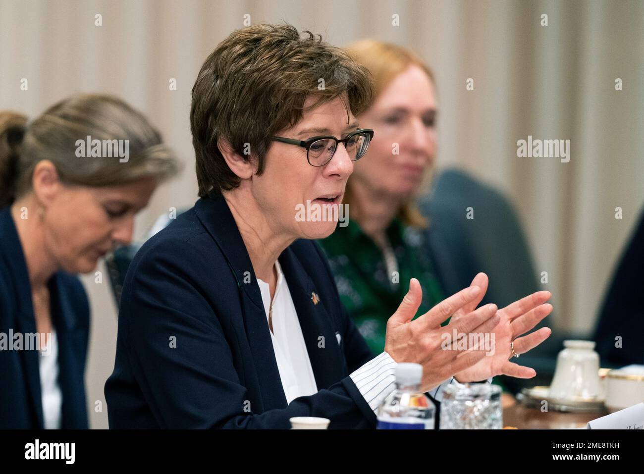 Visiting German Minister of Defense Annegret Kramp-Karrenbauer speaks ...
