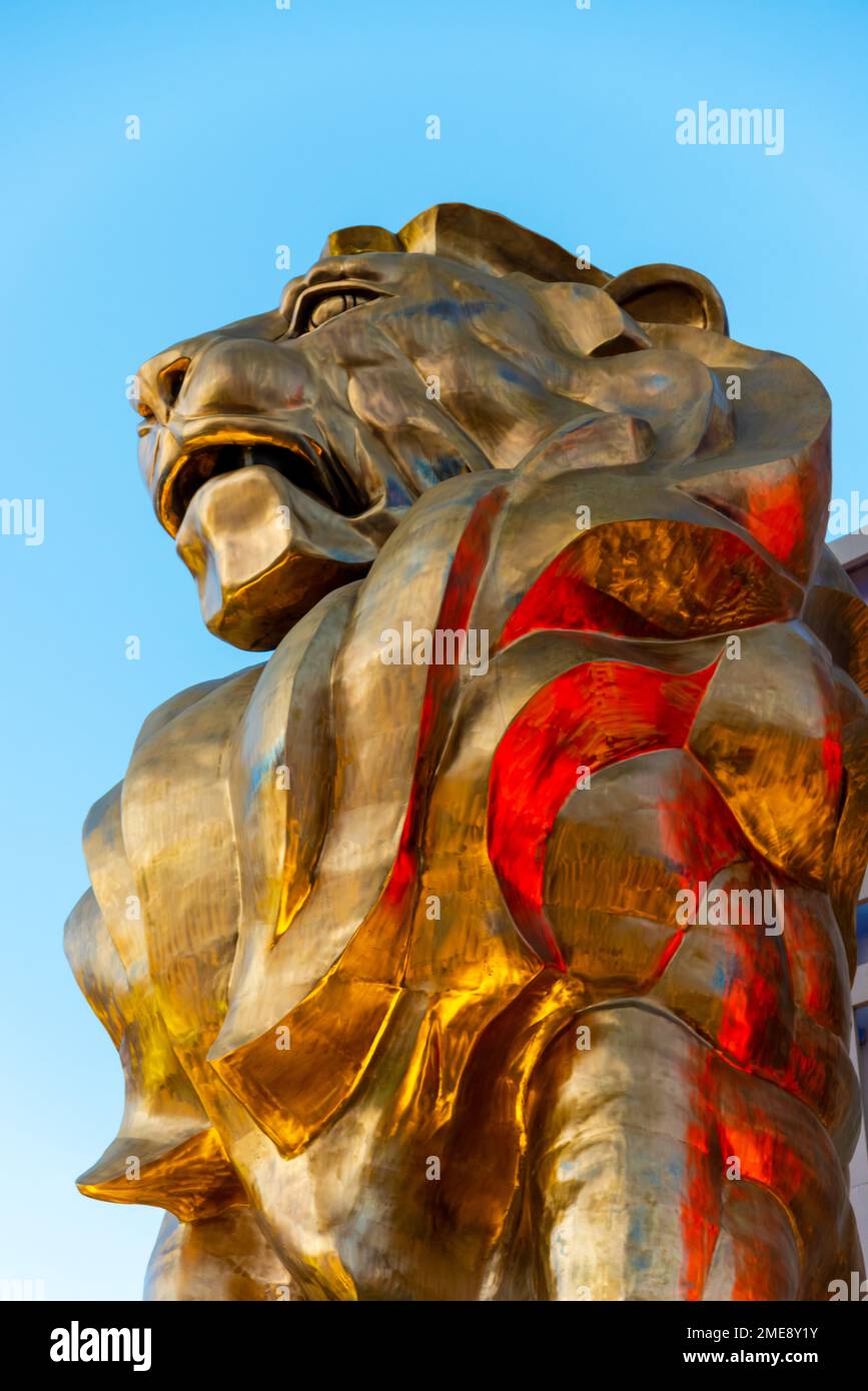 Famous MGM Grand Hotel and Casino Golden Lion with blue sky background ...