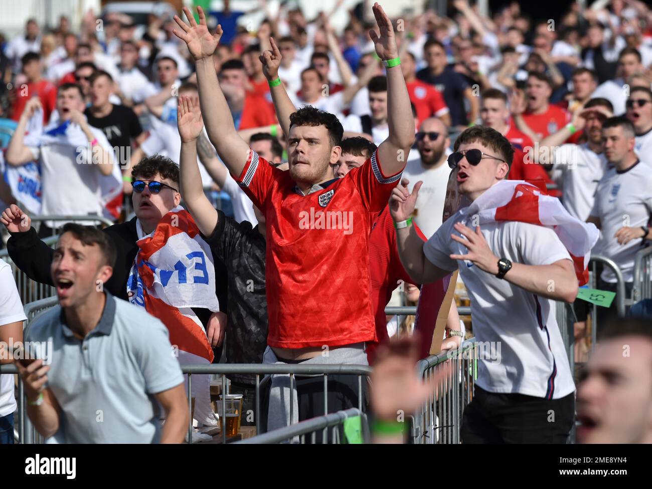 English fans react at 4TheFans Fan Park, in Manchester, England ...