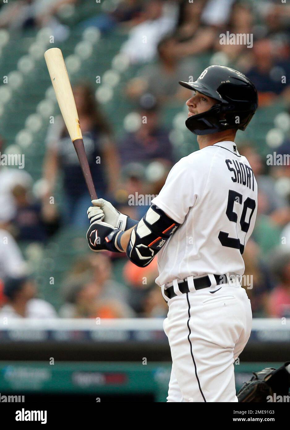 Detroit Tigers' Zack Short (59) reacts after swinging for a strike ...