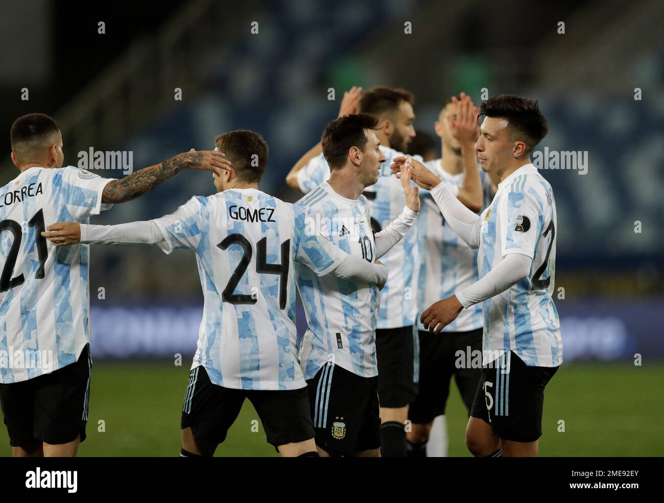Argentina's Lionel Messi, center, celebrates scoring his side's third ...