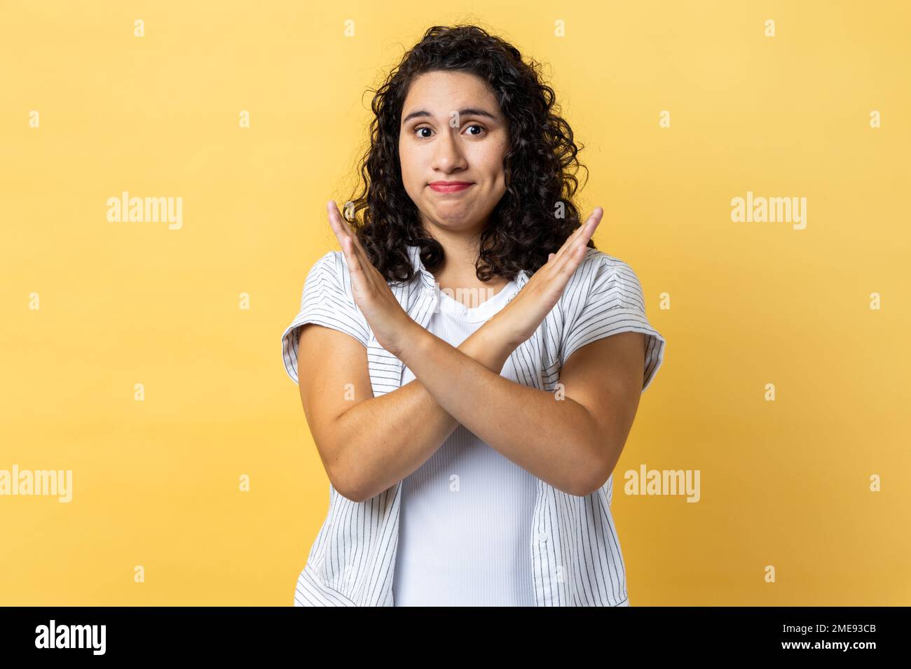 No way, this is finish. Portrait of woman with dark wavy hair gesturing ...